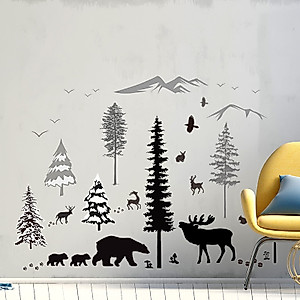 Woodland Nursery Decor Tree Wall Decals Mountain Forest Animal Bear Deer Wall Stickers Forest Wall Mural Sticker Removable Wall Decals for Kids' Room Bedroom Nursery Living Room
