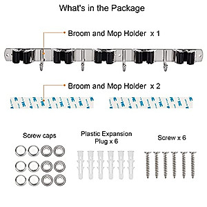 Mop Broom Holder Wall Mounted,Heavy Duty Mop and Broom Wall Mount Stainless Steel with 5 Racks 4 Hooks for Laundry Room, Home, Garage, and 1 hook Separated included （Black）