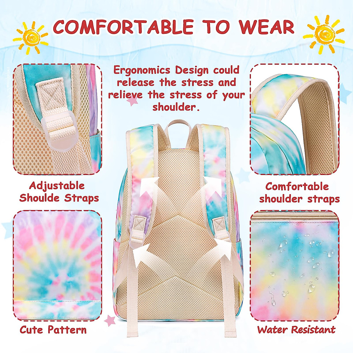 CAMTOP Backpack for Girls Kids School Backpack with Lunch Box Preschool Kindergarten BookBag Set (Tie Dye Yellow)