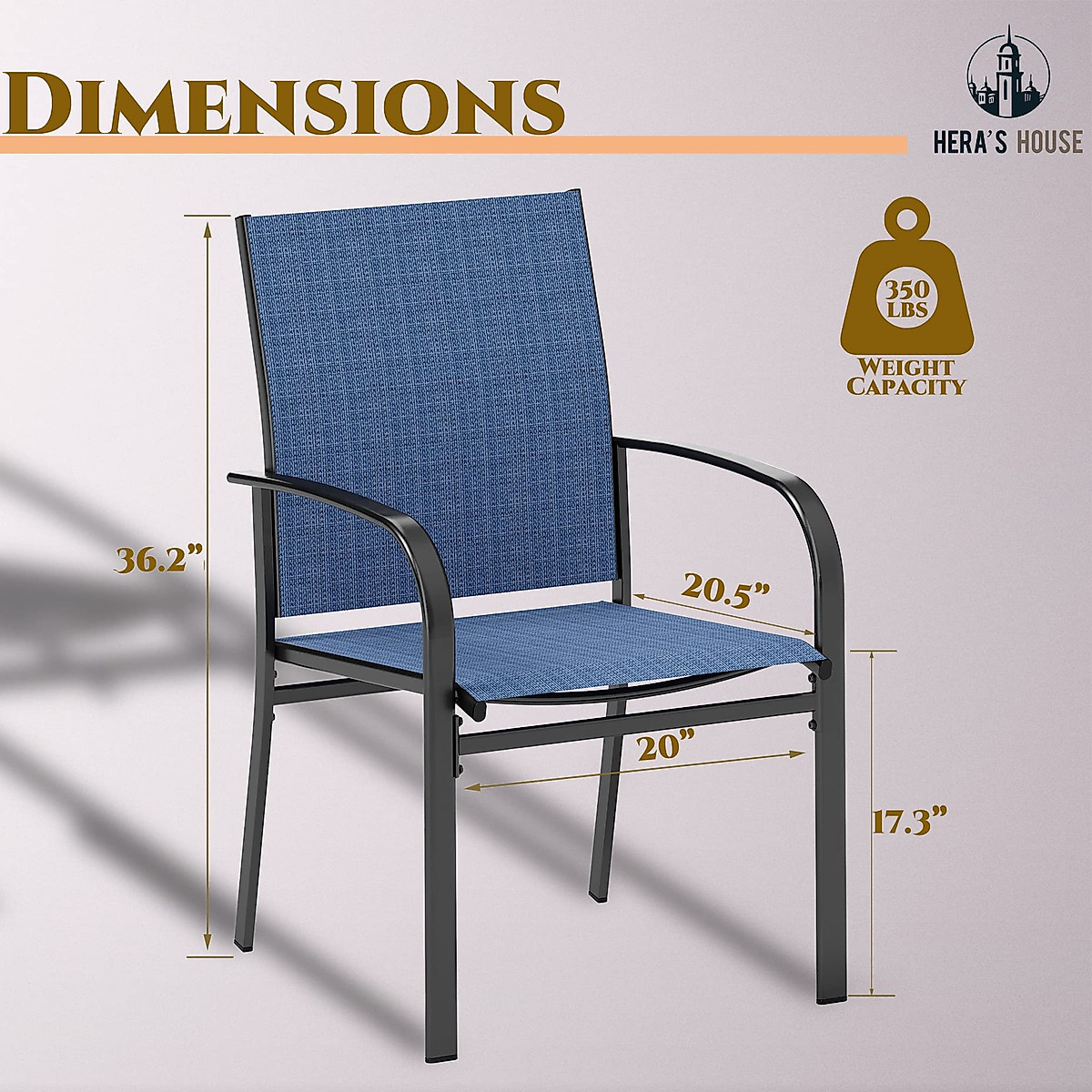 HERA'S HOUSE Patio Dining Chairs Set of 4, 36" Textilene Fabric Outdoor Chair with Wrought Iron Metal Frame Support 350lbs for Lawn Garden Backyard Kitchen, Blue