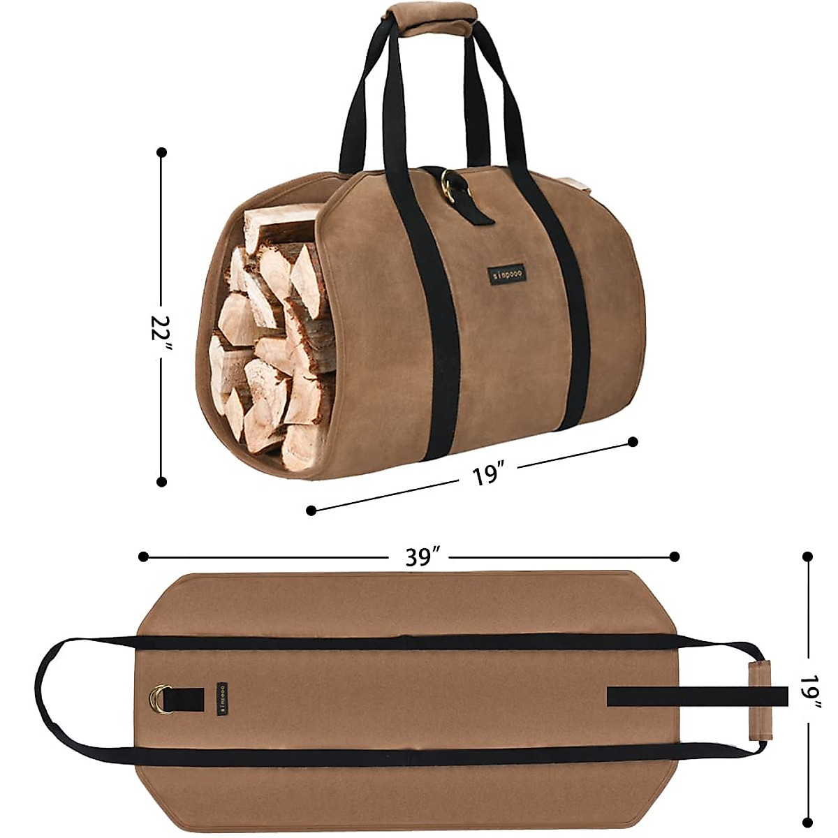 Firewood Carrier,Large Wood Carrying Bag with Handles Fireplace Log Carriers & Holders,Security Strap Camping Wear-Resistant & Dirt-Proof Waxed Canvas Indoor Stand Brown(Double Brass Rings)