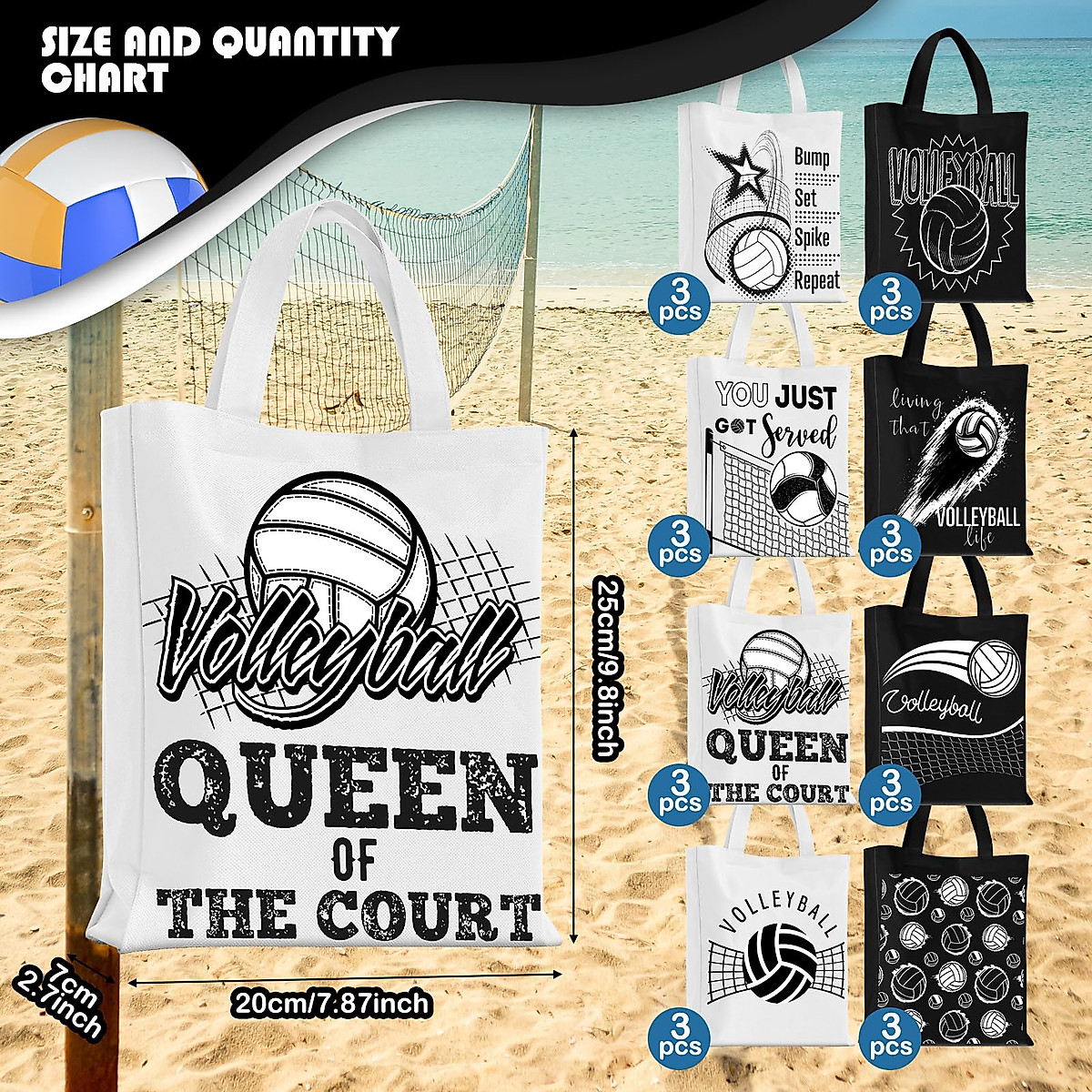 Kajaia 24 Pcs Party Treat Bag with Handles Reusable Goodie Favor Bag Non Woven Party Favor Bags Birthday Supplies(Volleyball)