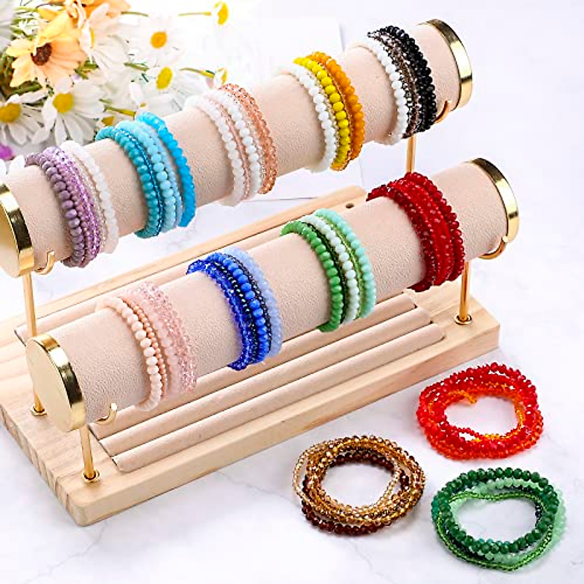 Junkin 60 Pcs Bohemian Multi Layer Crystal Beaded Stacking Statement Bracelets for Women Stretchy Strand Crystal Bead Bracelets Versatile Slip on Stackable Shiny Bead Bracelets Pack