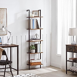 HOOBRO DIY Ladder Shelf, 5-Tier Wooden Wall Mounted Bookshelf, Narrow Bookcase, Display Shelf, Storage Rack, Plant Stand, for Living Room, Bedroom, Study, Balcony, Rustic Brown and Black BF531CJ01