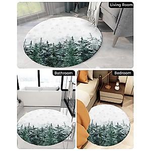 Christmas Fluffy Round Area Rug Carpets 3.3ft, Plush Shaggy Carpet Soft Circular Rugs, Non-Slip Fuzzy Accent Floor Mat for Living Room Bedroom Nursery Decor Forest Winter Pine Tree Snowflake Green