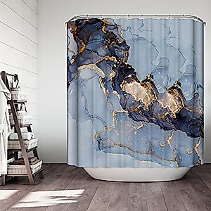 Domoku Blue Gold Marble Shower Curtain,Sky Blue Golden Cracked Lines Abstract Modern Shower Curtain for Bathroom Decor,Waterproof Texture Washable Fabric Shower Curtain,72 X 72
