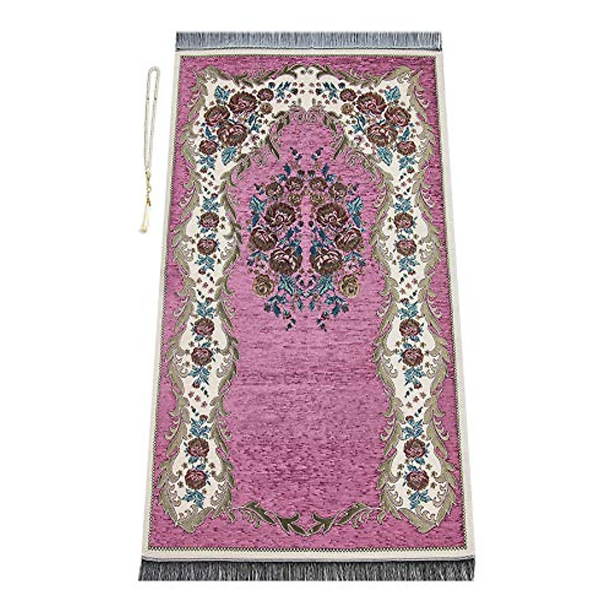 Muslim Prayer Rug with Prayer Beads | Janamaz | Sajadah | Soft Islamic Prayer Rug | Islamic Gifts | Prayer Carpet Mat, Chenille Fabric, Rose