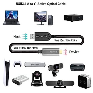 USB A to C Fiber Optical Extension Cable USB 3.1 Gen2 10Gbps 15M 50FT Compatible with Microsoft Azure Logitech Camera Aver &Vaddio & Barco ClickShare Touch Screen Kinect Oculus VR Intel RealSense