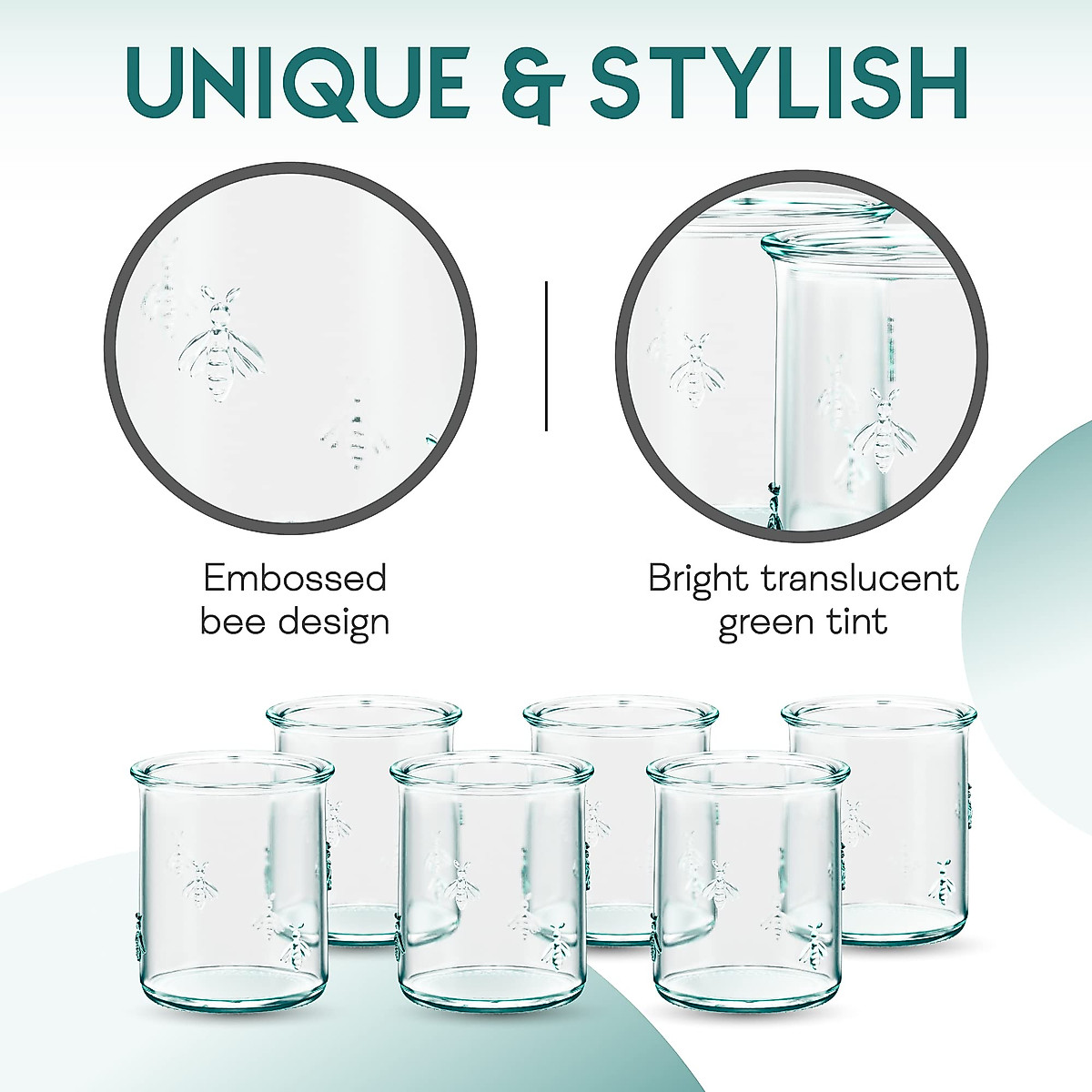 Amici Home Regina DOF Glass | 12 Oz | Italian Made, Recycled Green Glass | Drinking Glass with Embossed Bee Design for Water, Juice, Iced Tea, Cocktails (Set of 6)