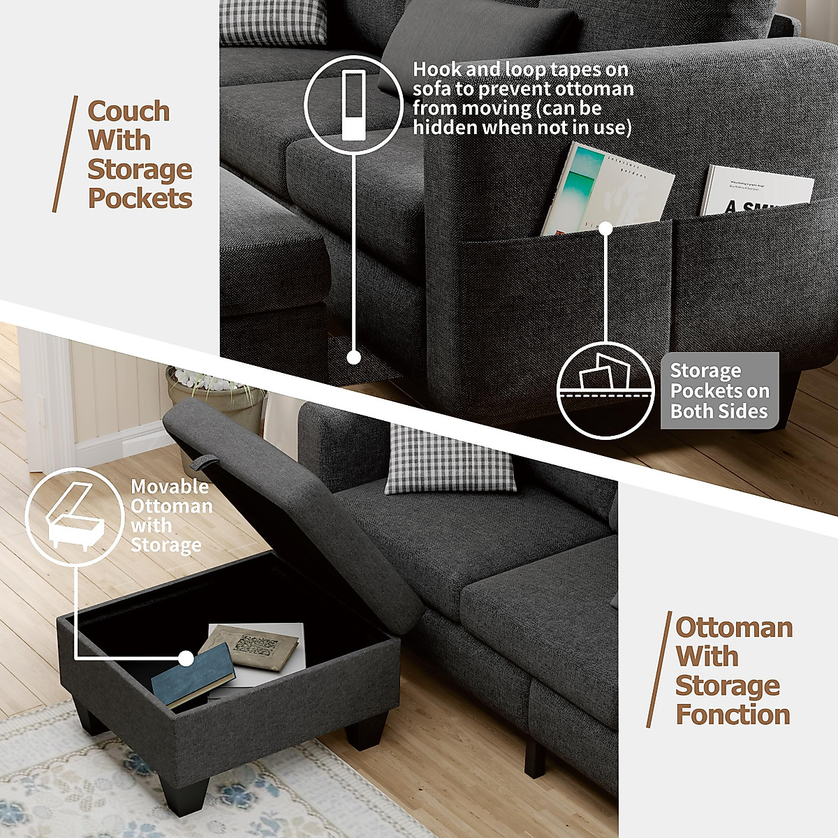 Youmumeub Sectional Sofa Couch, Convertible L Shaped Couches with Ottoman, Dark Grey Modern Small Modular Sofas for Living Room, Apartment Small Space