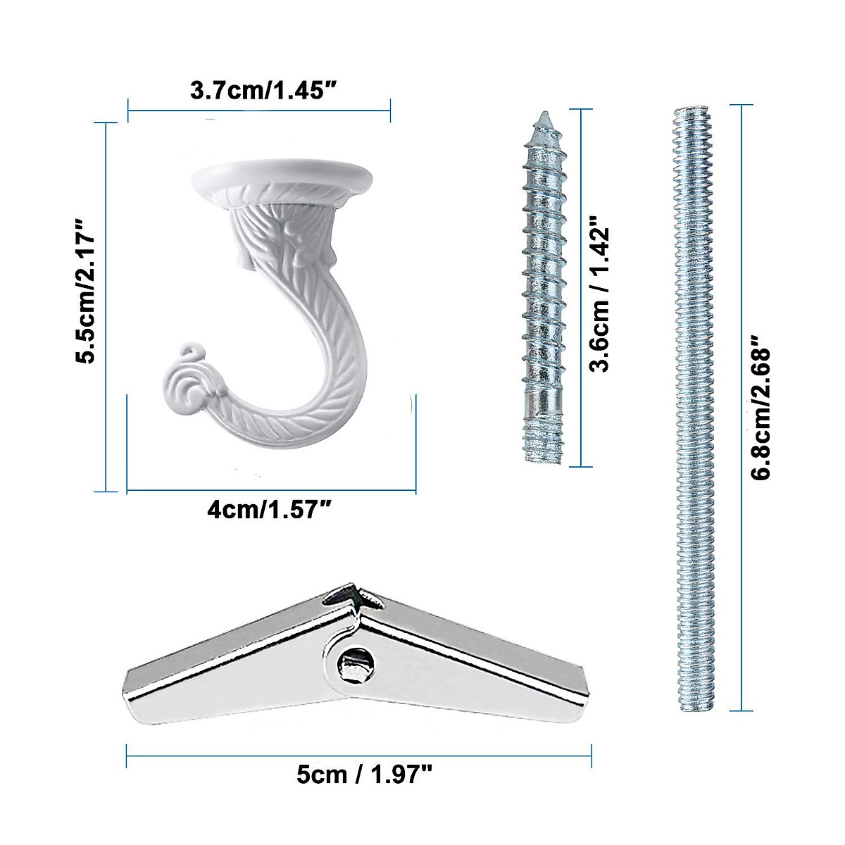 bnafes 2Sets 55mm/2.17" Ceiling Metal Ceiling Hooks, Heavy Duty Swag Ceiling Hooks with Hardware for Hanging Plants/Chandeliers/Wind Chimes/Ornament (White Color)