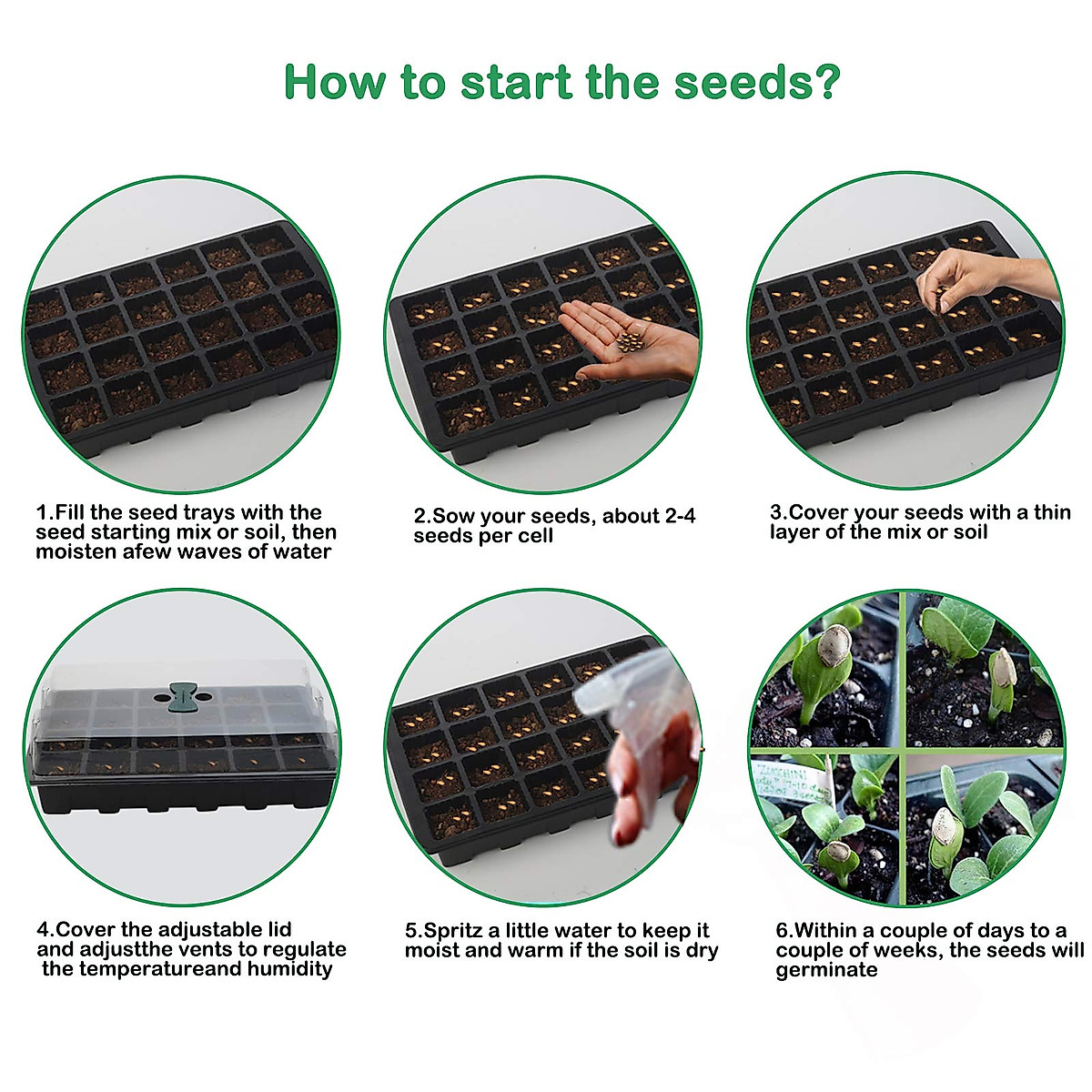 JIAQUAN 5-Pack 120 Cells Seed Trays Seedling Starter Tray, Humidity Adjustable Plant Starter Kit with Dome and Base Greenhouse Grow Trays Mini Propagator for Seeds Growing Starting