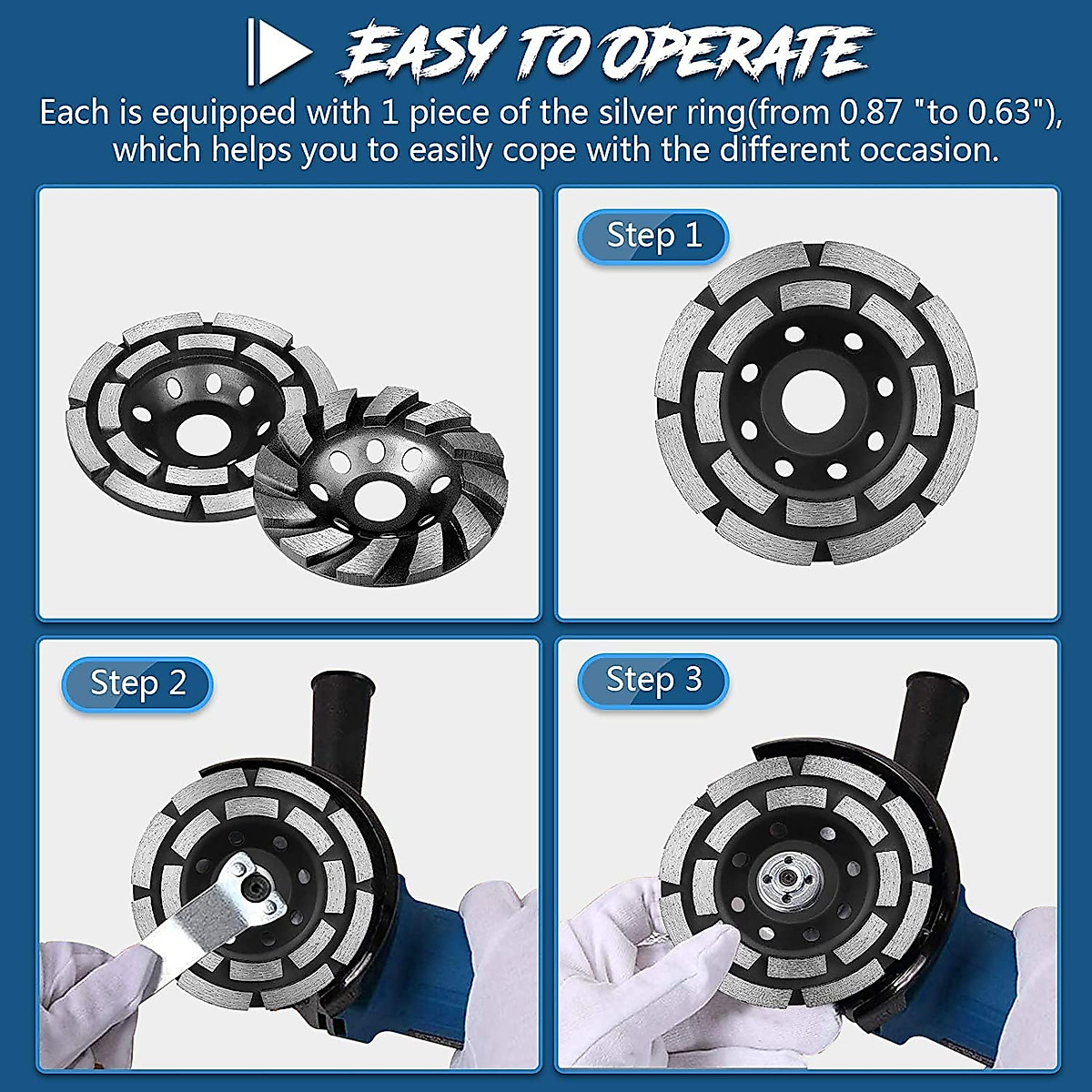 [Upgraded] 2 Pack Diamond Cup Grinding Wheel, Include 4-1/2 Inch Double Row Grinding Wheel, 4 Inch 12 Segs Heavy Duty Angle Grinder Wheels Sets for Angle Grinder Polishing (Black)