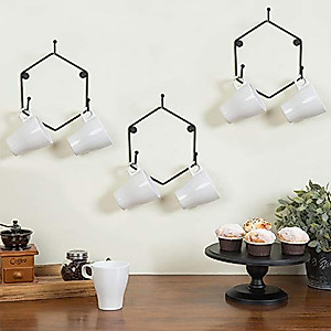 MyGift Wall Mounted Matte Black Metal Coffee Mug Holder Rack with 3 Hooks, Modern Geometric Hanging Mug Holder Set of 6 - Handcrafted in India