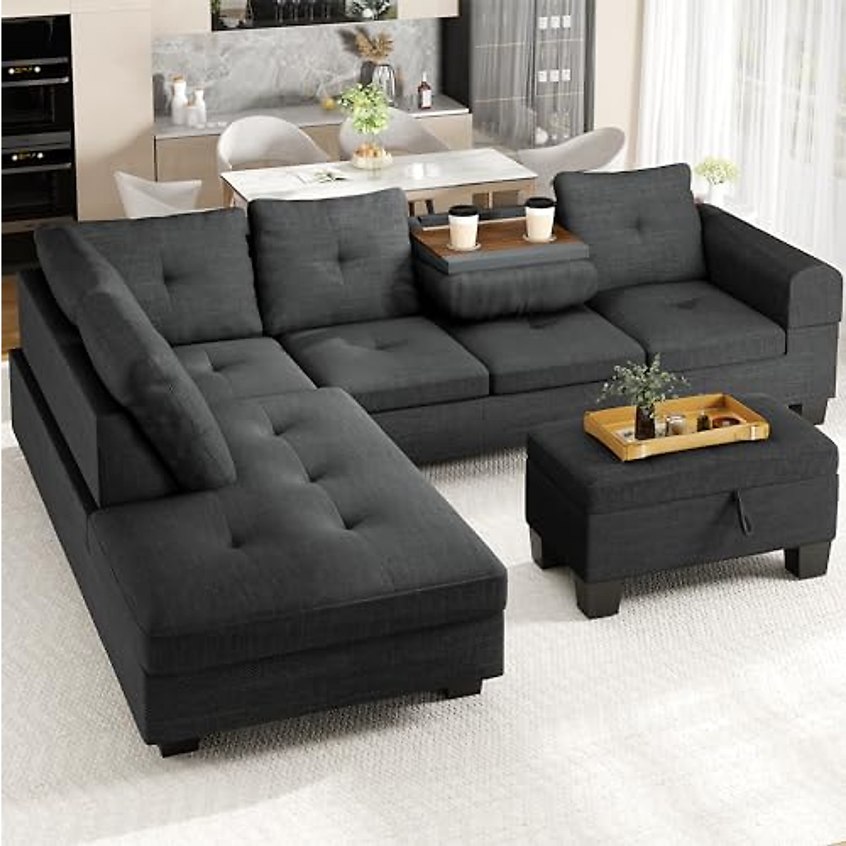 AWQM Modular Sectional Sofa with Ottoman, Fabric L-Shaped Couch with Chaise & Cup Holders, Living Room Furniture Sets Sectional Sofa Set, 6 Seat Corner Couch Sofa for Living Room, Apartment