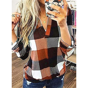 Dokotoo Women's Casual 3/4 Sleeve Plaid V Neck Tunic Top - 2023 Orange