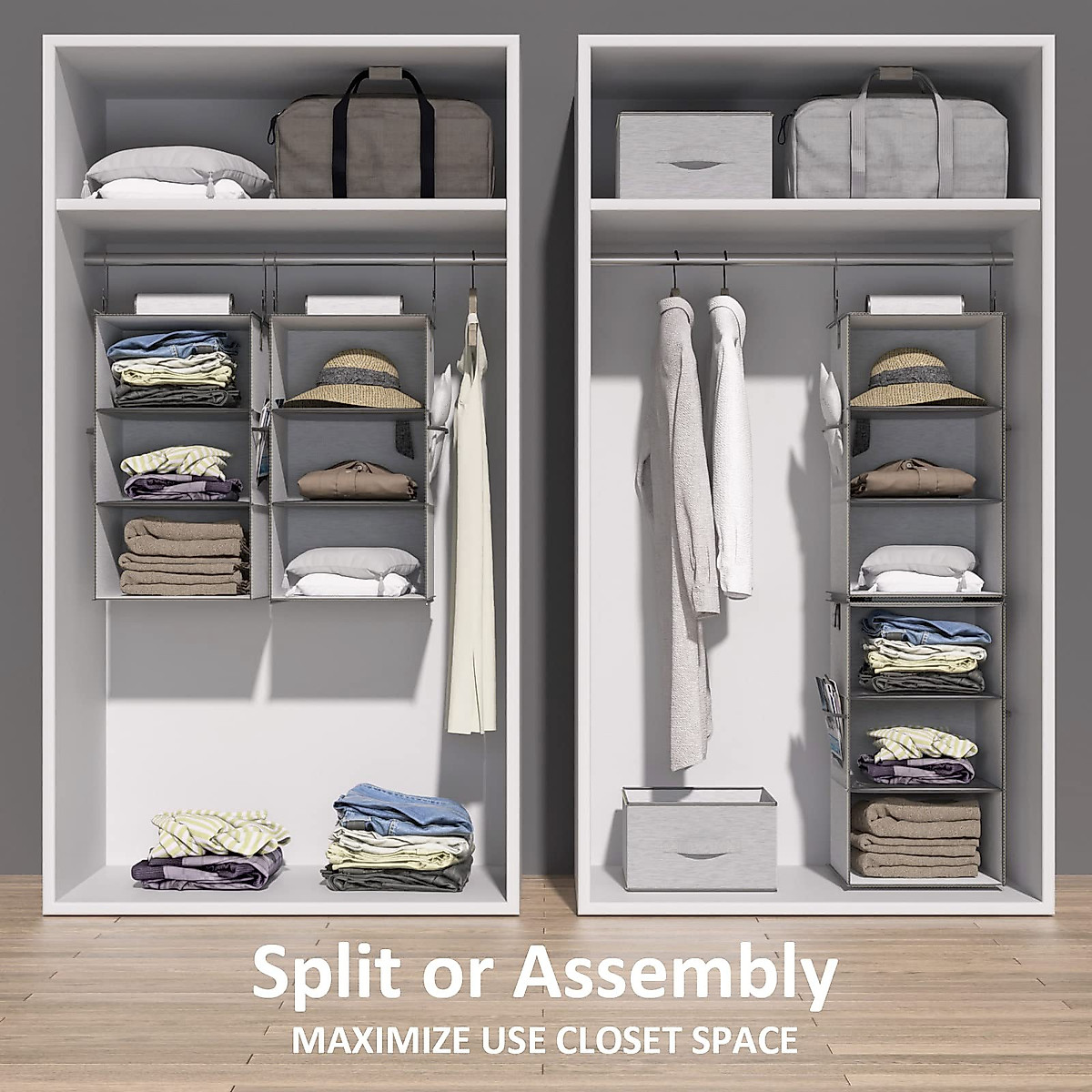 YOUDENOVA Hanging Closet Organizer and Storage, Two 3-Shelf Separable Closet Organizer, Hanging Shelves for Dorm, RV, Gray