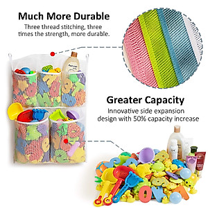 Mesh Bath Toy Organizer, 4 Ultra Strong Hooks, Bathtub Storage Bag, Multi-purpose Baby Toys Net, Toddler Shower Caddy for Bathroom, Kids Toy Holder with 5 Soap Pockets (16" x 23", White, M)