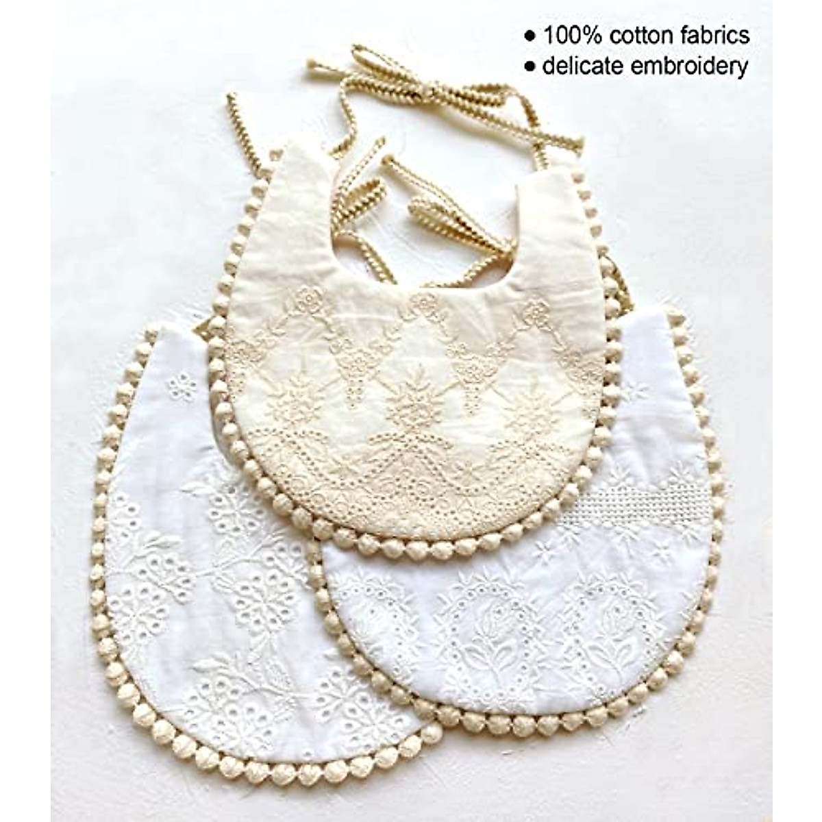 Cherssy Baby Girl Reversible Bibs with Crochet Lace, Floral Cotton Bibs, Handmade Drooling Bibs for Newborn Infant Toddler, 3 Pack