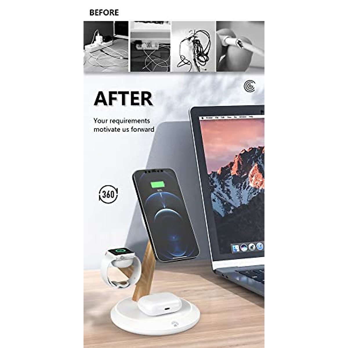 iMacaan 4-in-1 Wireless Charging Station | Compatible with iPhone 14, 13, 12, Pro, Pro Max, Mini, AppleWatch & AirPods | Lightening Fast Charging Dock w/Integrated LED Light (White)