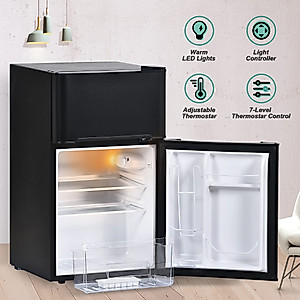 Merax, Black Mini Fridge with Freezer, 3.2Cu.Ft Compact Refrigerator with Two Reversible Doors for Office, Dorm or Bedroom, Adjustable Mechanical Thermostat, 18.9''L x 19.69''W x 32.68''H