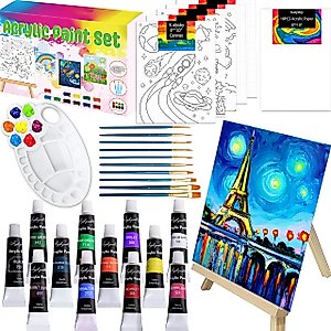Kalysky 47PCS Kids Paint Set,Canvas Painting Kits for Kids ages 4-8,8-12,Acrylic Paint Art Supplies for Kids 9-12 with 12 Paints, 5 Canvas Panels, 18PCS Drawing Paper,10 Brushes