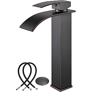 Midanya Bathroom Sink Faucet Waterfall Spout Single Handle 1 Hole Deck Mount Mixer Tap Lavatory Vanity Vessel Faucet Commercial with Pop Up Drain,Tall, Oil Rubbed Bronze