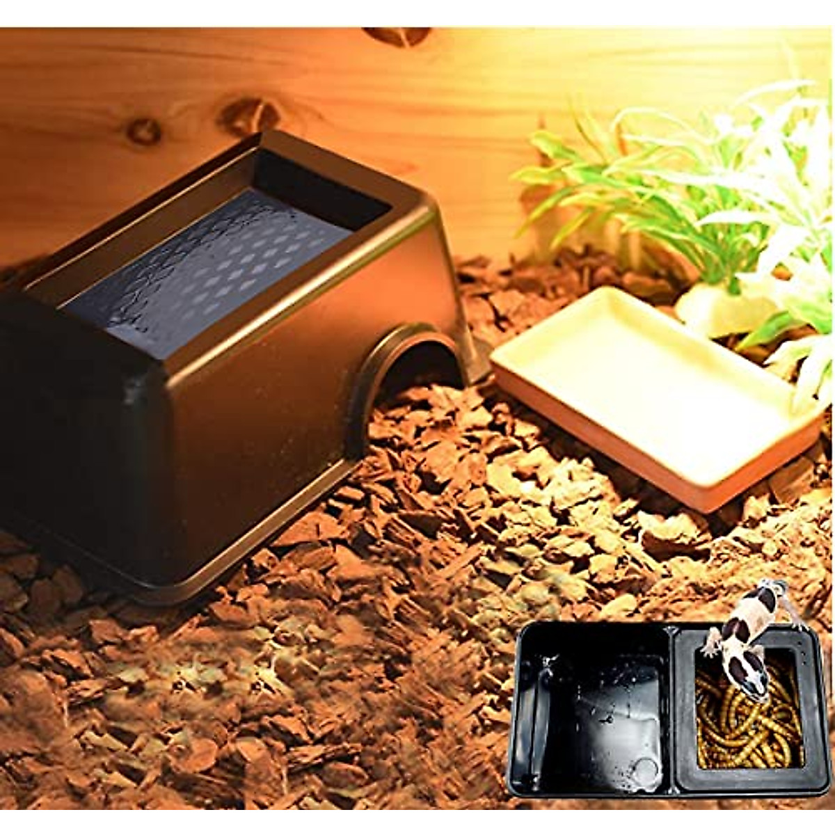 Woyrise Reptile Hide Box with Sink Humidifier Gecko Hideout Cave Lizards Hideaway with Flexible Vine Decor and Bowl for Bearded Dragons Lizards Spiders Snakes