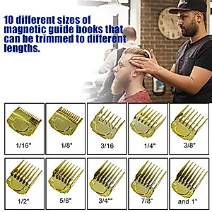 10 Pack Clipper Guards Cutting Guides Compatible With Wahl Clipper with Magnetic Clip/Color Coded-From 1/16 Inch To 1 Inch(1.5-25mm)，Fits All Full Size Compatible with Wahl Clippers (Golden)