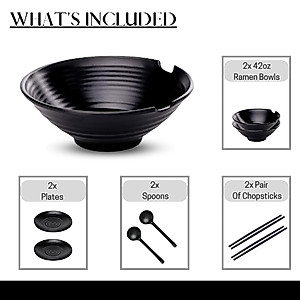 MORGY Unbreakable Set of 2 Ramen Bowls with chopsticks and Spoons- 42 OZ Japanese Style Black Noodle Soup Bowls Set- Asian Soup Bowl for Ramen, Pho, Salad, Poke, Soup, Chopstick Holders