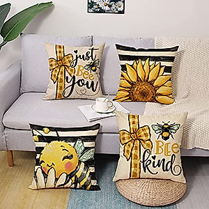 Fjfz Spring Bumble Bee Sunflower Decorative Throw Pillow Covers 18x18 Set of 4, Summer Farmhouse Black White Stripe Porch Patio Home Decor, Yellow Buffalo Plaid Check Quote Outdoor Couch Cushion Case