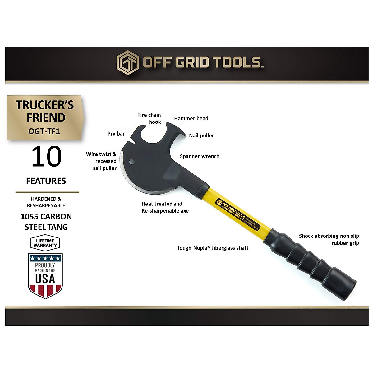 Off Grid Tools Pro Trucker’s Friend – Yellow, Carbon Steel Blade, Shock Absorbing Grip, All-Purpose Multitool, Made in USA, Curved Axe Head, Hammer, Pry Bar, Nail Puller