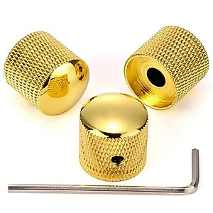 3PCS Metal Volume Tone Dome Guitar Speed Control Knurled Shaft Pots Knobs with Keys Screws Set for Electric Guitar or Bass (Gold)