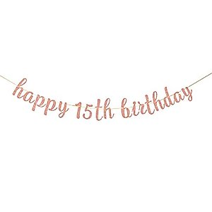 INNORU Glitter Happy 15th Birthday Banner - Cheers to 15 Years Funny Birthday Party Bunting Decorations Rose Gold