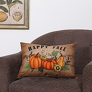 glitzhome Happy Fall Throw Pillows with Insert, 17.72" Pumpkin Throw Pillow for Sofa Couch Bed Great Faux Burlap Pillow for Fall Harvest Thanksgiving Home Office Decorative Throw Waist Lumbar Pillow