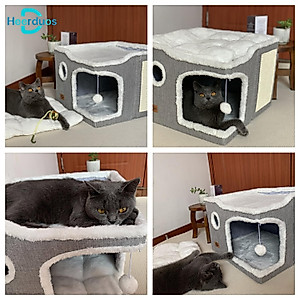 Heerduos Cat Bed for Indoor Cats,Covered Cat Cave House & Furniture with Scratch Pad,Foldable Cat Hideaway Hut Cute Cat Condo with Soft Washable Mat for Multi Small Pet Under 30 lbs,Light Grey