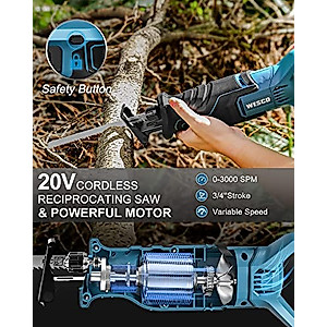 WESCO 20V Cordless Reciprocating Saw, 4.0Ah Li-ion Battery, 0-3000SPM Variable Speed, 3/4" Stroke Length, Recip Saw for Wood Metal PVC Cutting