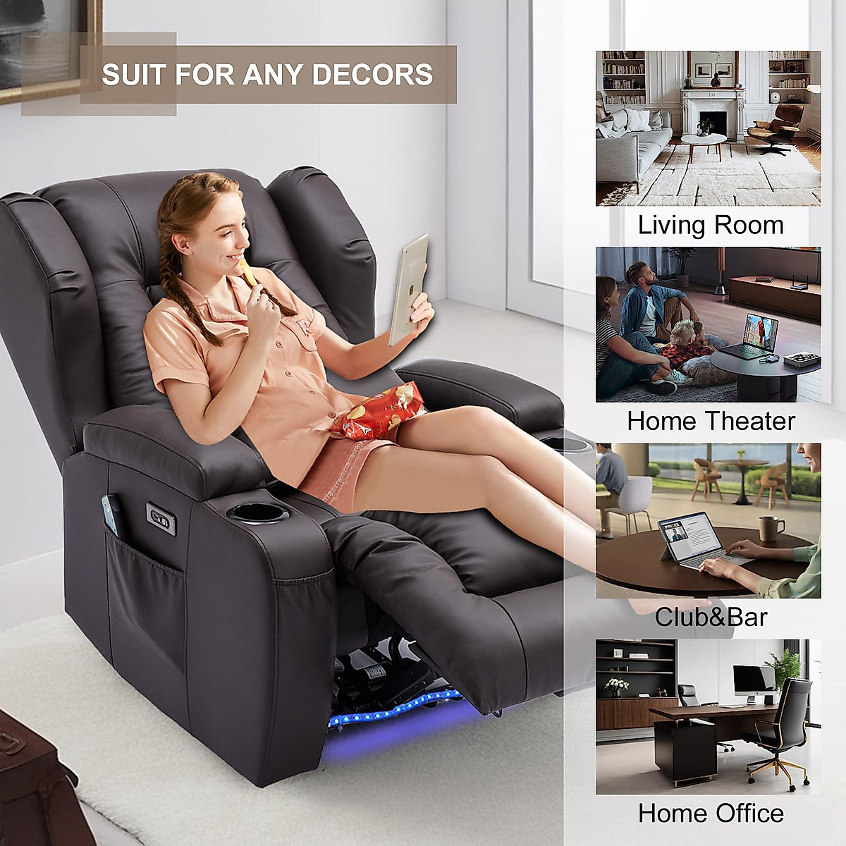 BINGTOO Electric Power Recliner Chair with Massage and Heat Recliner Chairs for Adults Living Room, Wingback Recliners Ergonomic Lounge Sofa Home Theater Seating with LED Light, Cup Holders, USB