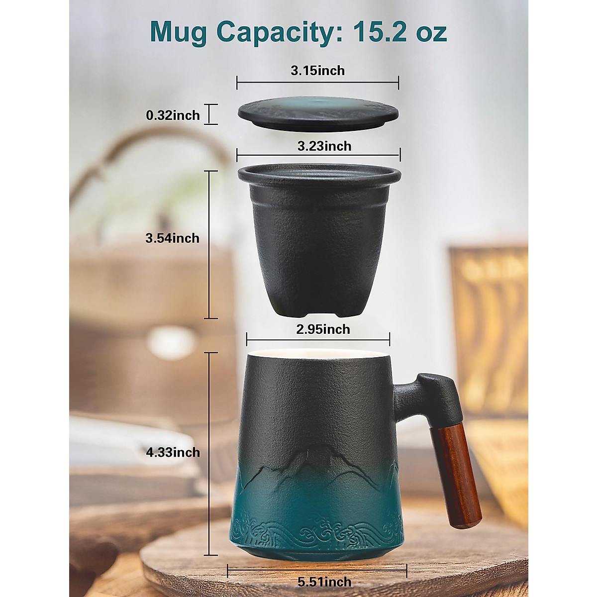 suyika Tea Cup with Infuser and Lid, 15.2 Ounce Wood Handle Ceramic Loose Leaf Tea Mug,Embossed Tea Steeping Mug for Gifts, Gradient Black&Green 450ml