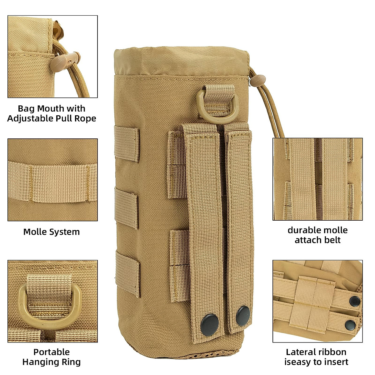 LOOGU Sports Water Bottle Pouch Bag, Molle Water Bottle Holder with Drawstring Open Top & Mesh Bottom, Travel Mesh Water Bottle Bag Tactical Hydration Carrier