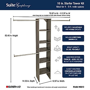 ClosetMaid SuiteSymphony Wood Closet Organizer Starter Kit with Tower and 3 Hang Rods, Shelves, Adjustable, Fits Spaces 4 – 9 ft. Wide, Graphite Grey