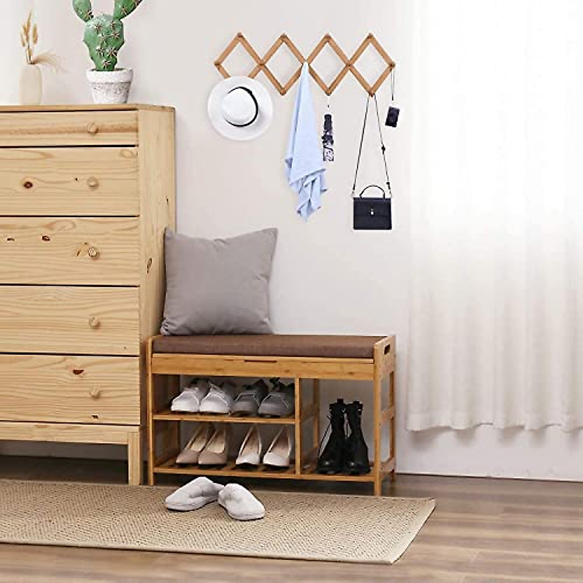 C&AHOME Shoe Bench Bamboo, 3-Tier Shoe Organizer with Cushion, Shoe Rack Bench for Entryway, Max Load 270 LBS, Removable Seat Cushion Bench, Ideal for Entryway, Hallway, Living Room, Bedroom, Natural