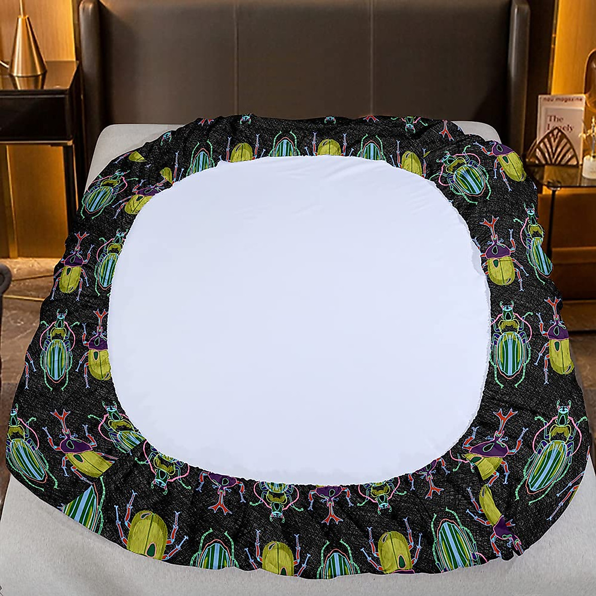 Abosbeet Green Beetle Print Fitted Sheet Queen Polyester Black Fitted Sheet Set with Beetle Pattern 2 Pillowshames Kids Bedroom Decor