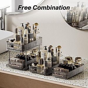 Sellemer Under Sink Organizer: Sliding Kitchen Bathroom Cabinet Organizer, Pull Out Medicine Pantry Organizer with 8 Movable Dividers, 2 Pack Grey and Clear