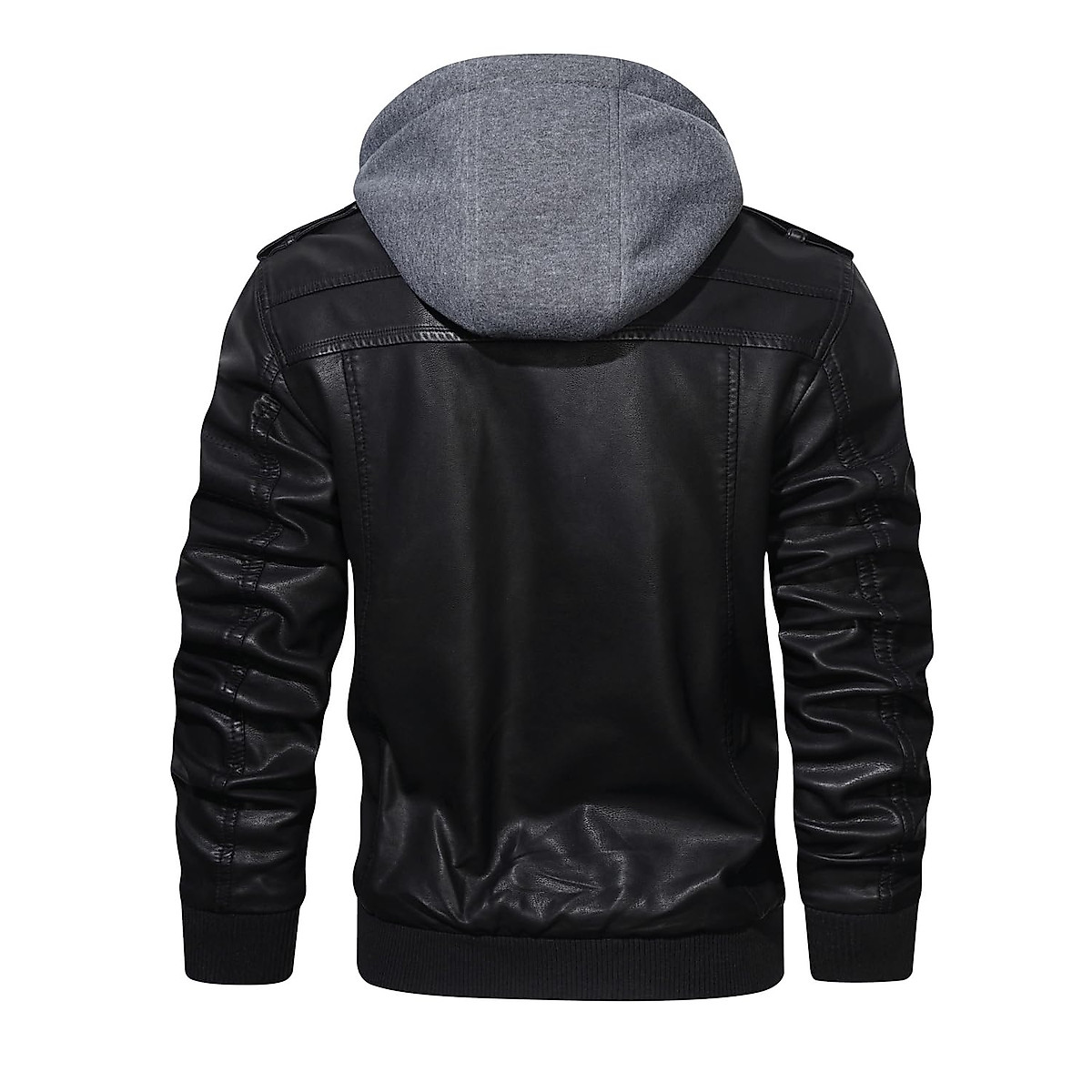 HOOD CREW Men’s Casual Stand Collar PU Faux Leather Zip-Up Motorcycle Bomber Jacket With a Removable Hood