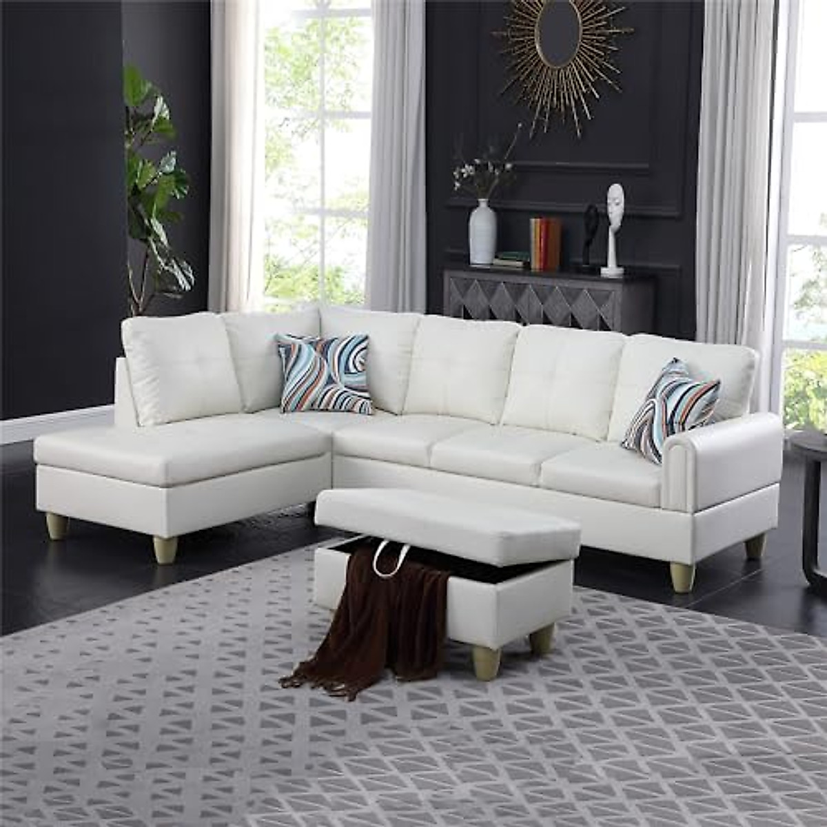 NOTOP 3-Piece Faux Leather L-Shaped Sectional Sofas, Button Tufted Upholstered Couch Set with Left Chaise Longue and Storage Ottoman, for Living Room, Home, Office,White