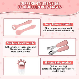 Silicone Baby Feeding Set | Baby Led Weaning Supplies | Toddler Self Feeding Dish Set with Suction Bowl, Divided Plate,Sippy Cup Spoons Forks Teether and Adjustable Bib, Eating Utensils for 6+Months