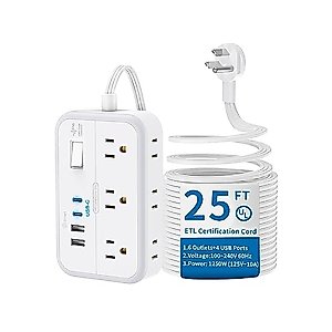 Flat Extension Cord 25 ft, NTONPOWER 2-Side Outlet Extender Surge Protector Power Strip with 6 Outlets 4 USB Ports, Mounted, Overload Protection for Indoor, Home, Office, Dorm Room Essentials