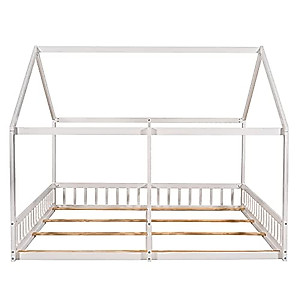 Harper & Bright Designs Kids House Bed Frame with 2 Twin Platform Beds,Wooden Double Twin Beds with Triangular Roof,Montessori Floor Bed Twin with Rails for Girls or Boys, No Box Spring Needed,White