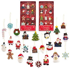 Mini Resin Christmas Ornaments Set of 24 - Rustic Christmas Decorations - Small Miniature Christmas Tree Ornaments - Santa Snowman Gingerbread Angel - Tiny Christmas Tree Decorations With Gift Box!